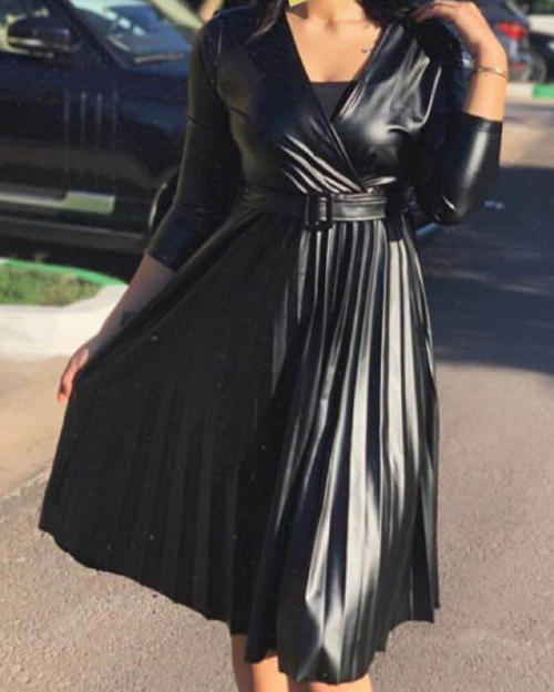 Acheter Robe Croisée Plissée Simili Cuir Tres Chic - Noir - E Achat ...